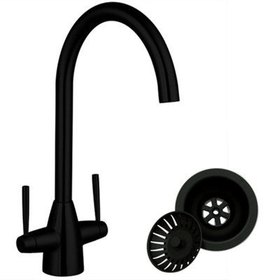 Matt Black Dual Lever Kitchen Sink Mixer Tap Swivel Spout & Basket ...