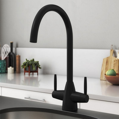 Matt Black Dual Lever Kitchen Sink Mixer Tap Swivel Spout & Basket ...