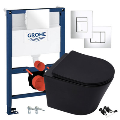 Matt Black Hidden Fixation Rimless Wall Hung Toilet Pan & GROHE 0.82m ...