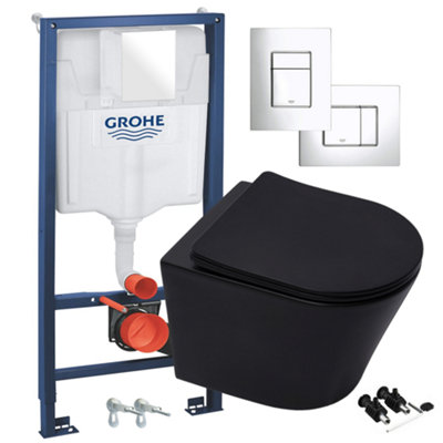 Matt Black Hidden Fixation Rimless Wall Hung Toilet Pan & GROHE 1.13m ...