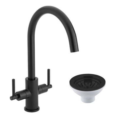 Matt Black Kitchen Sink Mixer Tap Dual Lever Swivel Spout & Basket ...
