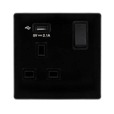 Matt Black Screwless Plate 1 Gang 13A DP 1 USB Switched Plug Socket ...