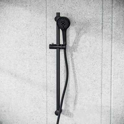 MATT BLACK SHOWER RISER RAIL KIT ROUND ADJUSTABLE + 3 MODE SHOWER HEAD ...