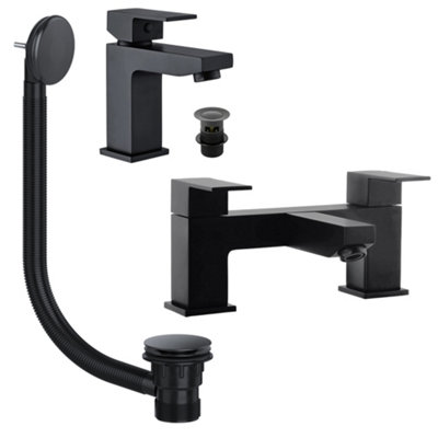 Matt Black Square Basin & Bath Filler Tap Set Including Bath Waste ...