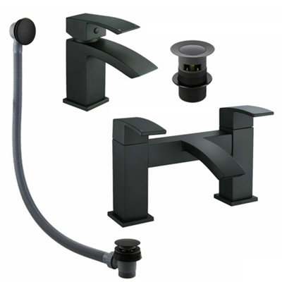 Matt Black Square Basin Sink Tap & Bath Filler Set with Matching Waste ...