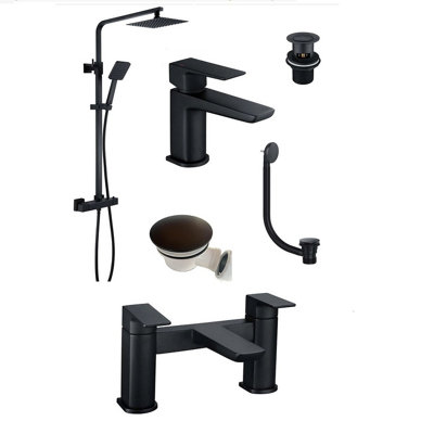 Matt Black Square Thermostatic Overhead Shower Kit with Basin Tap + Wastes