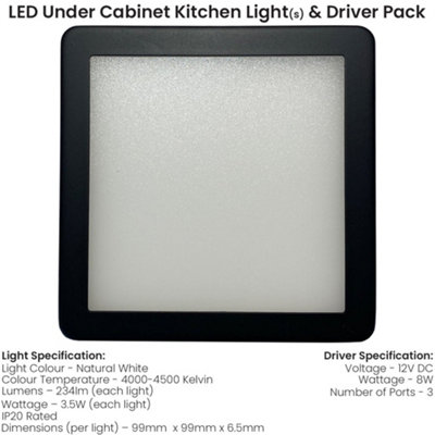 MATT BLACK Ultra-Slim Square LED Under Cabinet Lighting Kit with Driver ...
