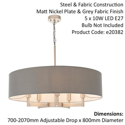 Matt Nickel Multi Arm Ceiling Pendant Light & Grey Shade 5 Bulb Hanging ...