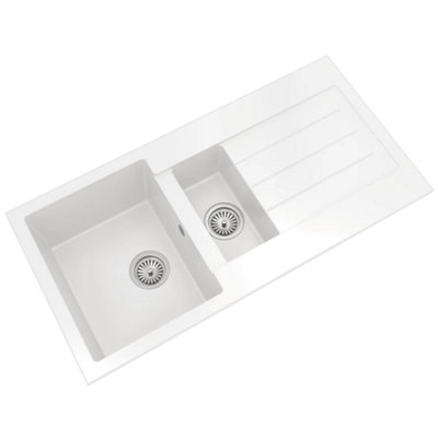 Matt White 1.5 Bowl and Half Kitchen Sink with Drainer & Chrome Wastes ...