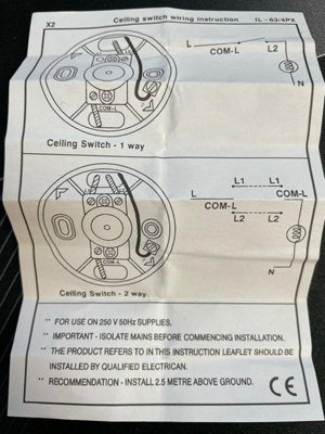 Matt White Bathroom ceiling light pull cord switch 2 way 6A white cord ...