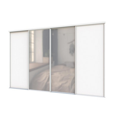 Matt White & Mirror 4-Door Sliding Wardrobe Door Kit, White Frame ...