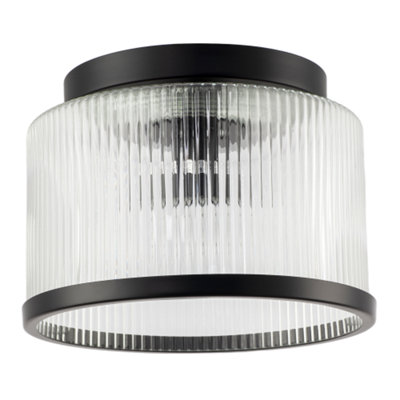 Matte Black Bathroom Ceiling Light with Clear Ribbed Glass Shade