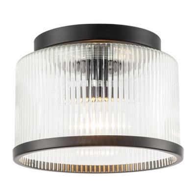 Matte Black Bathroom Ceiling Light with Clear Ribbed Glass Shade