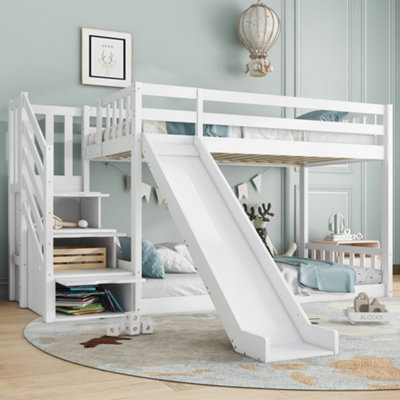 MATTEO Bunk Bed with Stairs and Slide, Solid Pine Wood Frame, Children ...