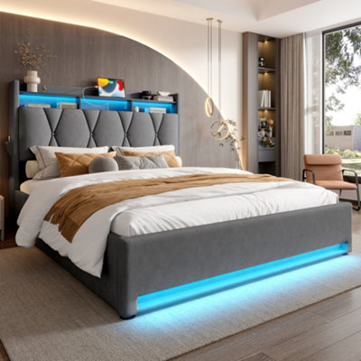 Matteo Double Ottoman Bed Frame, Dark Grey Velvet, LED Lighting, USB-C ...