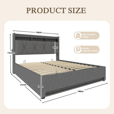 Matteo Double Ottoman Bed Frame, Dark Grey Velvet, LED Lighting, USB-C ...