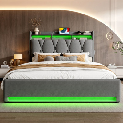 Matteo Double Ottoman Bed Frame, Dark Grey Velvet, LED Lighting, USB-C ...