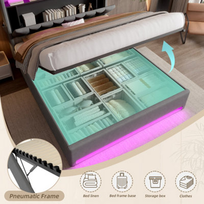Matteo Double Ottoman Bed Frame, Dark Grey Velvet, LED Lighting, USB-C ...