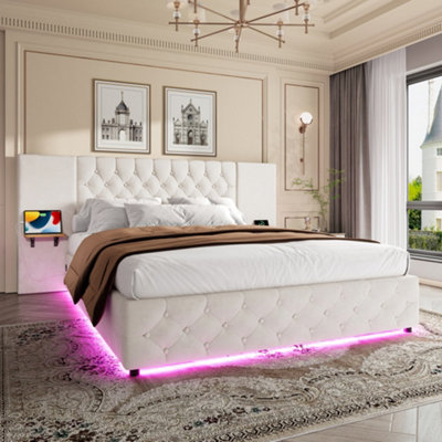 Matteo King Size Ottoman Bed Frame - Beige Velvet, Wide Headboard with ...