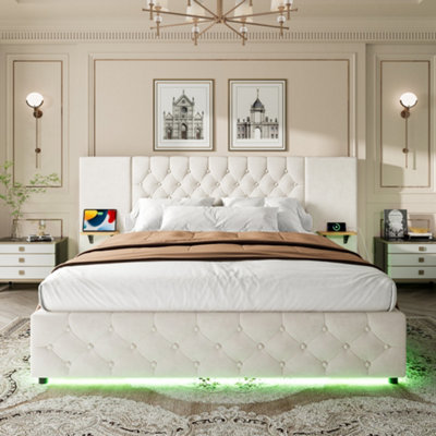 Matteo King Size Ottoman Bed Frame - Beige Velvet, Wide Headboard with ...