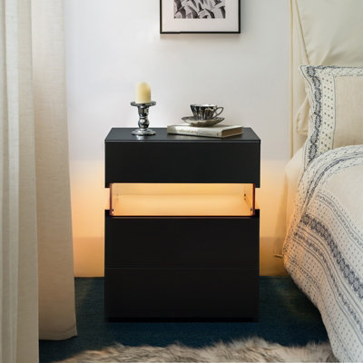 Matteo LED Nightstand with Acrylic Board & 3 Drawers, Black - Modern ...