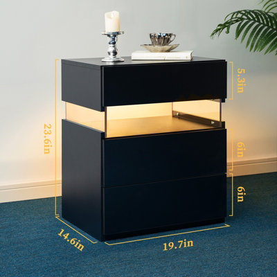 Matteo LED Nightstand with Acrylic Board & 3 Drawers, Black - Modern ...
