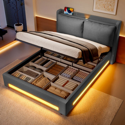 Matteo Modern European King Bed Frame, Dark Grey Linen, Hydraulic ...