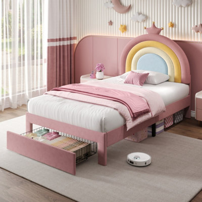 Matteo Pink Velvet Single Bed Frame with Adjustable Rainbow Headboard ...