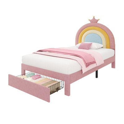 Matteo Pink Velvet Single Bed Frame with Adjustable Rainbow Headboard ...