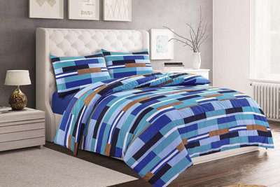 Max Blocks Blue Reversible Printed Easy Care Duvet Cover Bedding Set