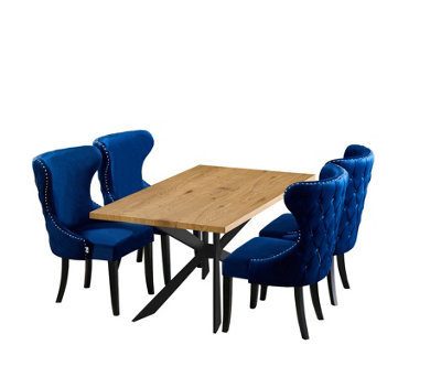 Mayfair Duke LUX Dining Set, a Table and Chairs Set of 4, Oak/Royal ...