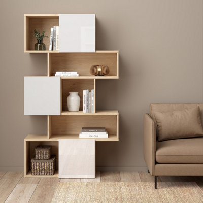 Maze Asymmetrical Bookcase with 3 Doors in Jackson Hickory and White ...