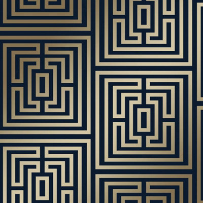 Maze Geometric wallpaper in navy & gold | DIY at B&Q