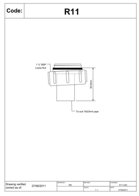 McAlpine R11 Straight Connector 1" loose nut x connection for 19/23mm pipe
