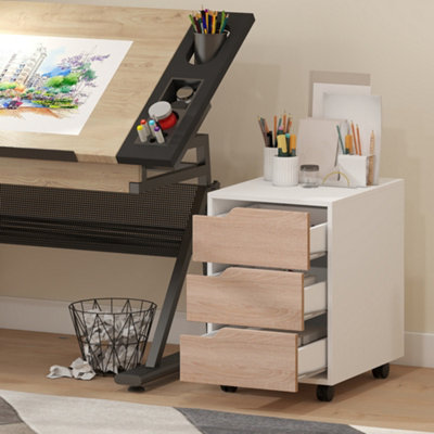 MDF Mobile File Cabinet w/ 3 Drawers Locking Wheels Metal Rails Oak ...