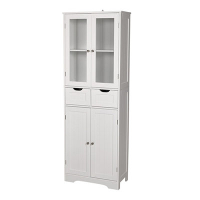 MDF Tall Storage Cabinet with Glass Door and Drawers in White