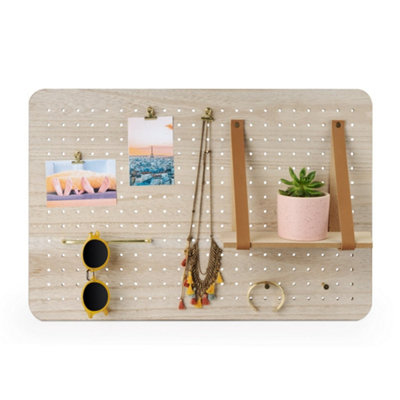 MDF Wall Panel Pegboard Photo Memo Board with Shelf and Storage