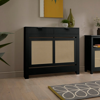 Medium Radiator Cover with Drawers and Rattan Panels in Black
