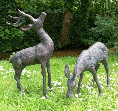 Medium Stag and Doe Deer Garden Sculptures cast Aluminium with aged finish
