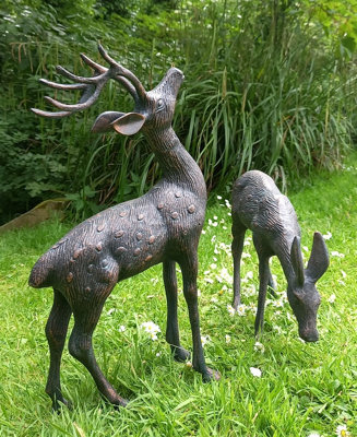 Medium Stag and Doe Deer Garden Sculptures cast Aluminium with aged finish