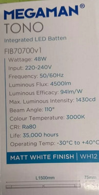 Megaman LED 5ft Batten 48w Light 1500mm Slimline (24mm high) Replaces ...