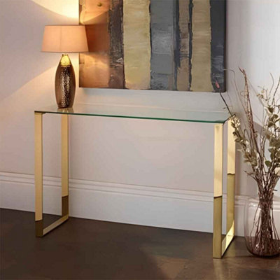 Megan Clear Glass Rectangular Console Table With Gold Legs