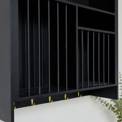 Melody Maison Black Wall Mounted Plate Rack with Gold Hooks