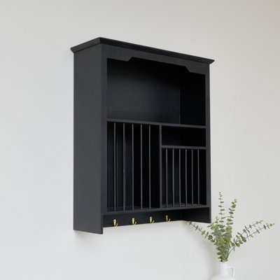 Melody Maison Black Wall Mounted Plate Rack with Gold Hooks