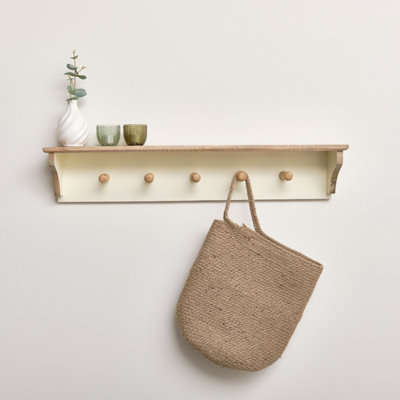 Melody Maison Cream & Mango Wood Wall Shelf with Hooks