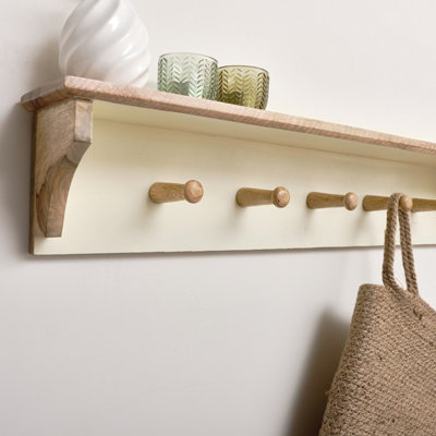 Melody Maison Cream & Mango Wood Wall Shelf with Hooks