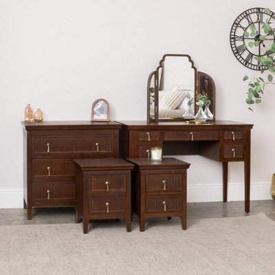 Melody Maison Dark Brown Wooden Reeded Chest of 3 Drawers, Dressing ...