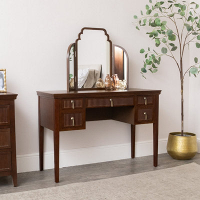 Melody Maison Dark Brown Wooden Reeded Dressing Table & Mirror Set ...