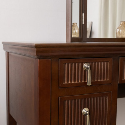 Melody Maison Dark Brown Wooden Reeded Dressing Table & Mirror Set ...