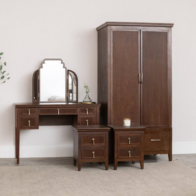 Melody Maison Dark Brown Wooden Reeded Wardrobe, Dressing Table, Mirror ...